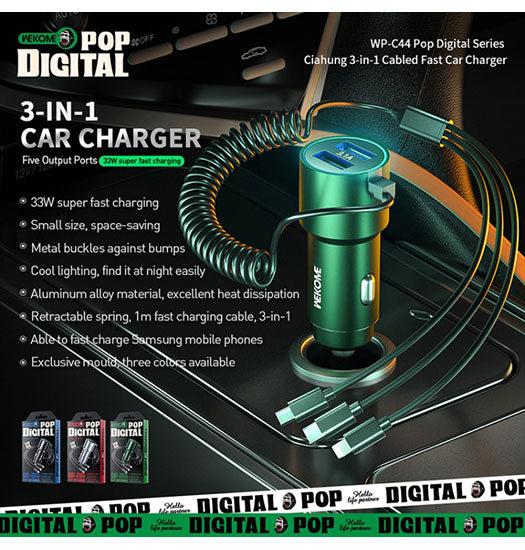 WEKOME™ 2-i-1 USB-A Oplader til bil M. 3 stik - 33W - Sort – DeluxeCovers